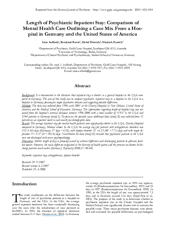 (PDF) Length of psychiatric inpatient stay: comparison of mental health ...
