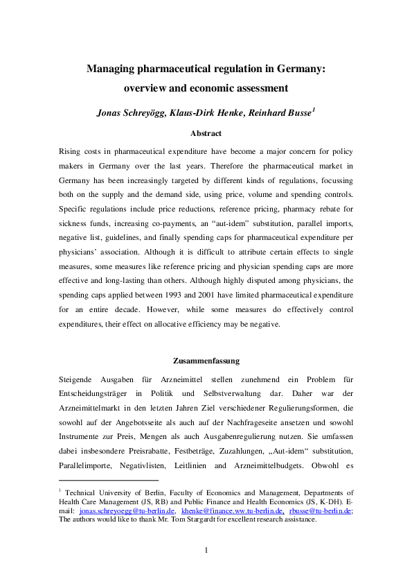 (PDF) Managing pharmaceutical regulation in Germany: Overview and ...