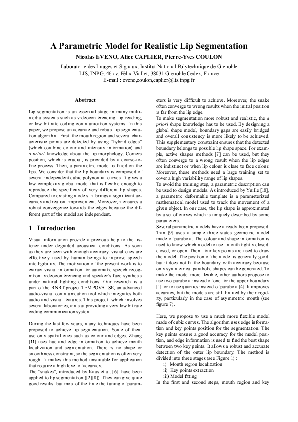 (PDF) A Parametric Model for Realistic Lip Segmentation