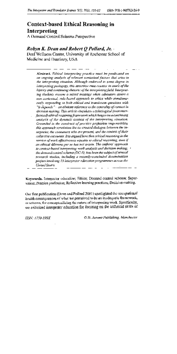(PDF) Context-based Ethical Reasoning in Interpreting: A Demand Control ...