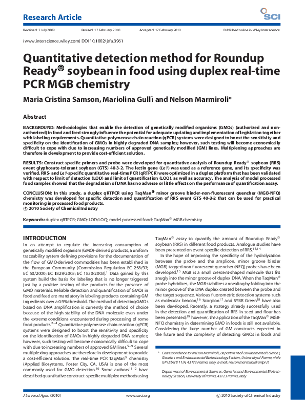Pdf Quantitative Detection Method For Roundup Ready Soybean In Food