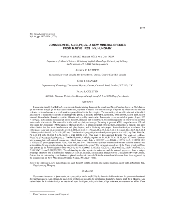 (PDF) Jonassonite: A New Mineral from Hungary