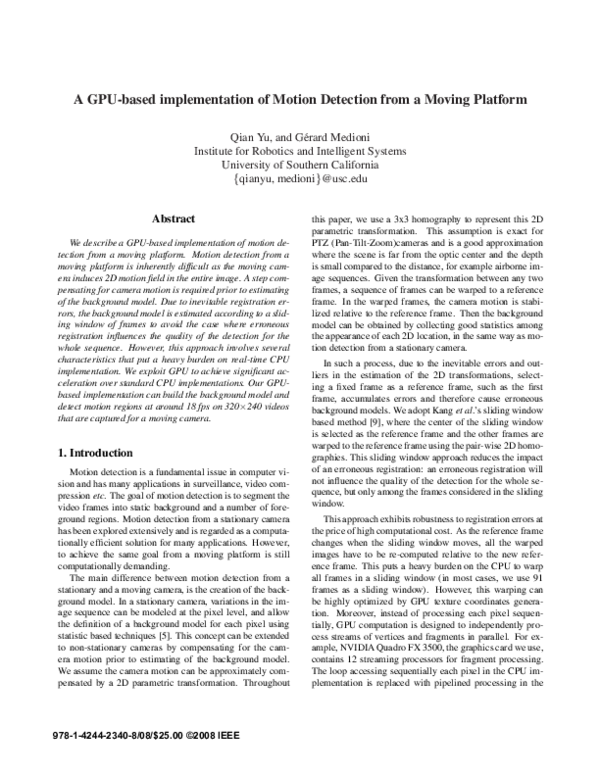 Pdf A Gpu Based Implementation Of Motion Detection From A Moving Platform
