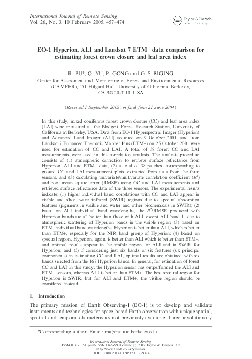 (PDF) EO‐1 Hyperion, ALI and Landsat 7 ETM+ data comparison for estimating forest crown closure ...