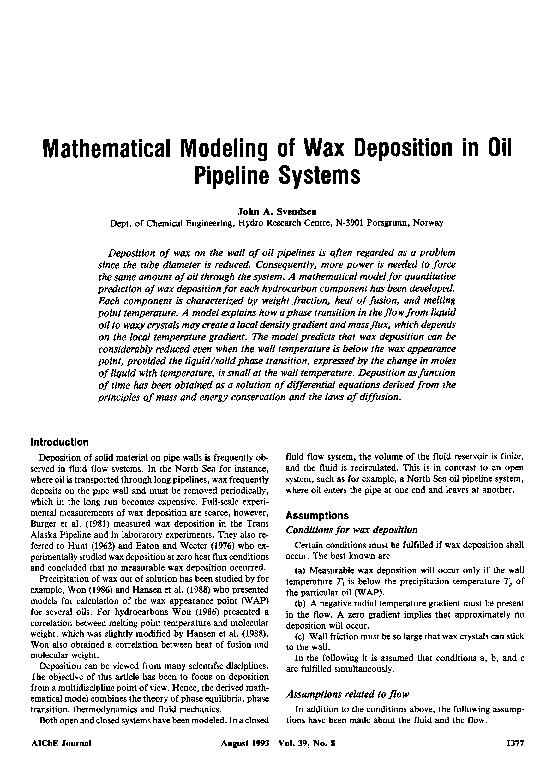 (PDF) Mathematical Modeling of Wax Deposition in Oil Pipeline Systems