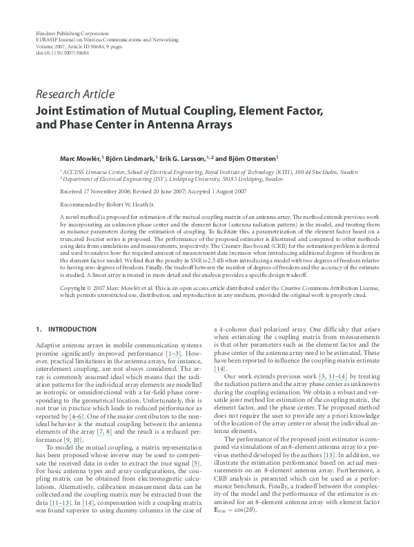 (PDF) Joint estimation of mutual coupling, element factor, and phase center in antenna arrays ...
