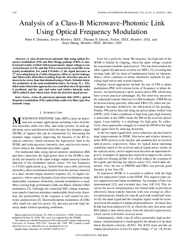 (PDF) Analysis of a class-B microwave-photonic link using optical frequency modulation