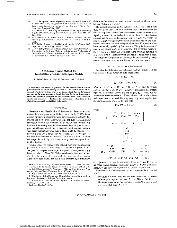 Pdf A Subspace Fitting Method For Identification Of Linear State