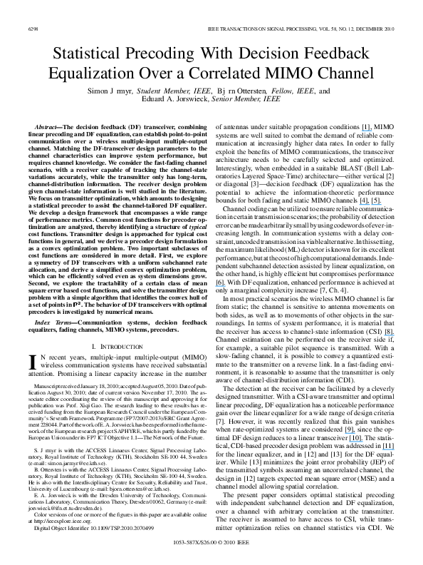 (PDF) Statistical precoding with decision feedback equalization over a correlated MIMO channel
