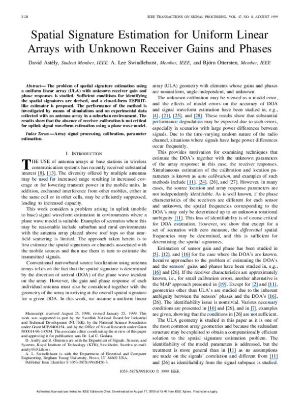 Pdf Spatial Signature Estimation For Uniform Linear Arrays With Unknown Receiver Gains And Phases