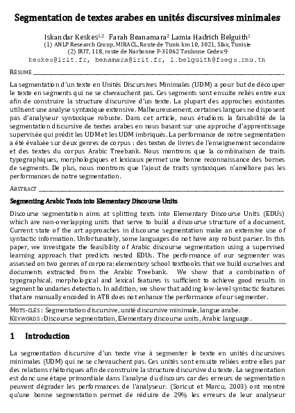 Pdf Segmentation De Textes Arabes En Unités Discursives Minimales