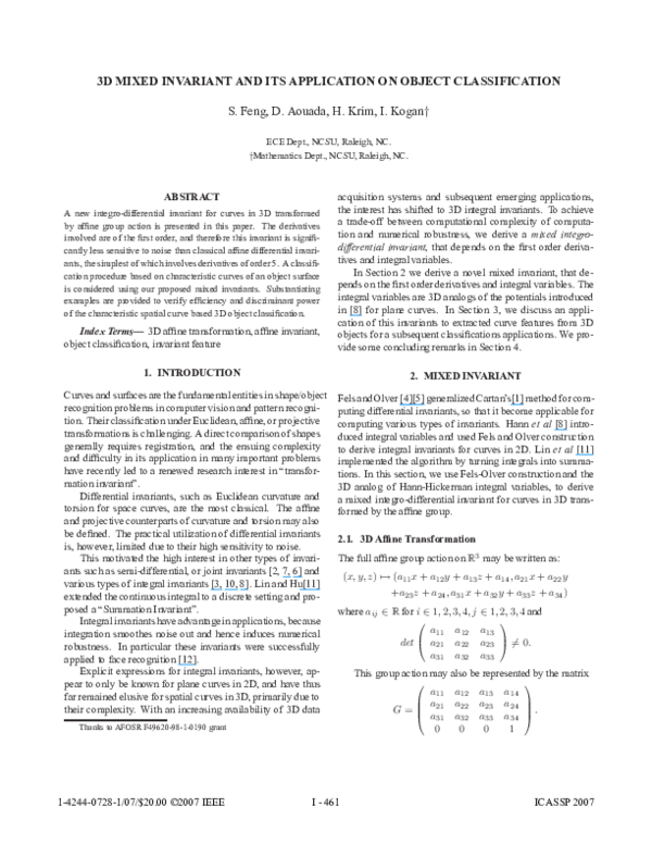 (PDF) 3D Mixed Invariant and its Application on Object Classification