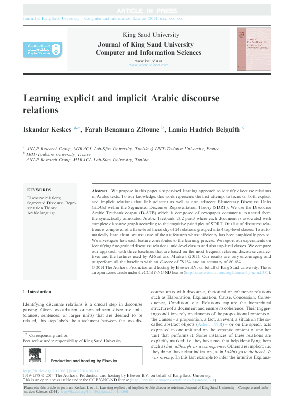 (PDF) Learning explicit and implicit Arabic discourse relations
