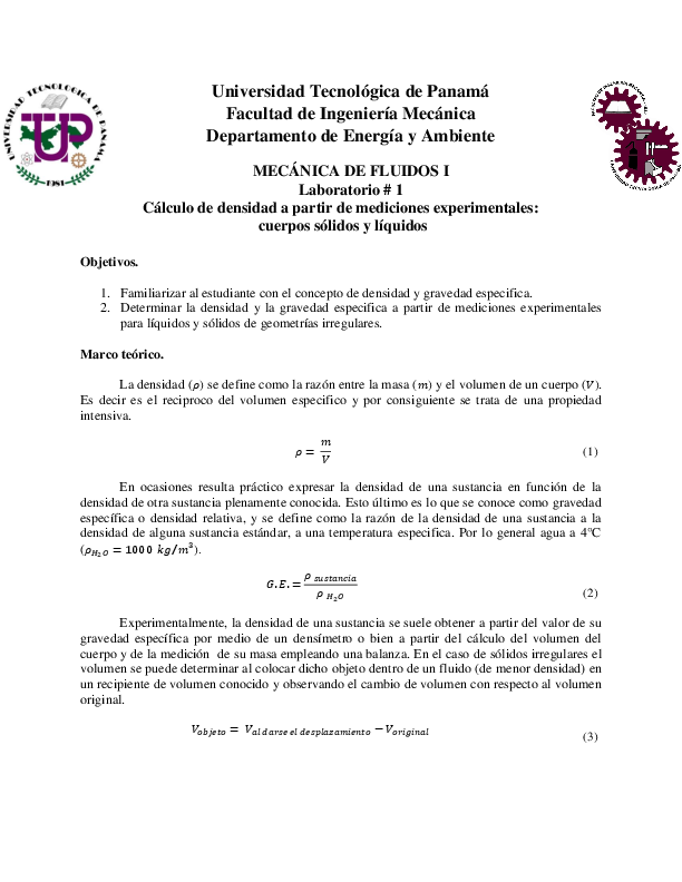 Pdf MecÁnica De Fluidos I Laboratorio 1 Cálculo De Densidad A