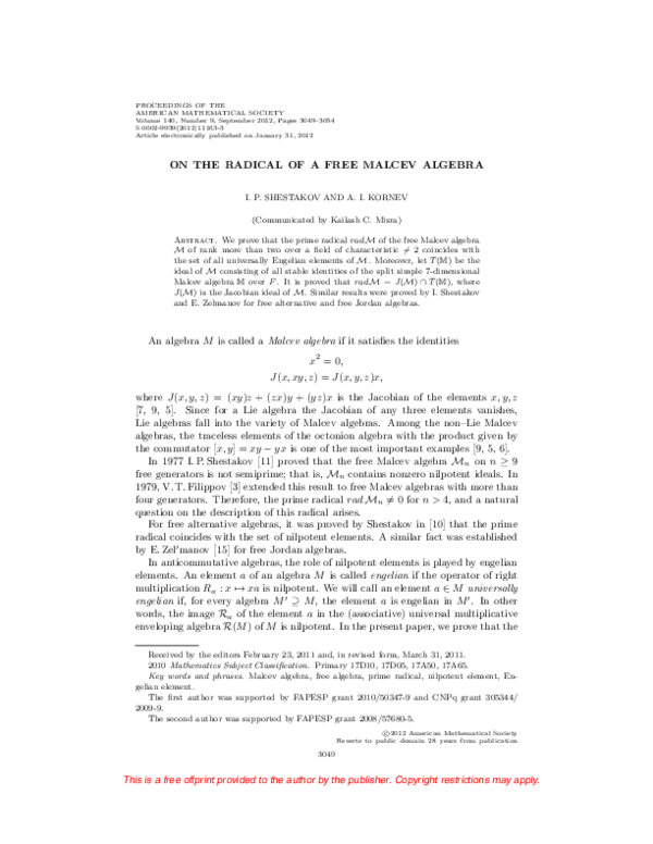 (PDF) On the radical of a free Malcev algebra | Ivan Shestakov ...