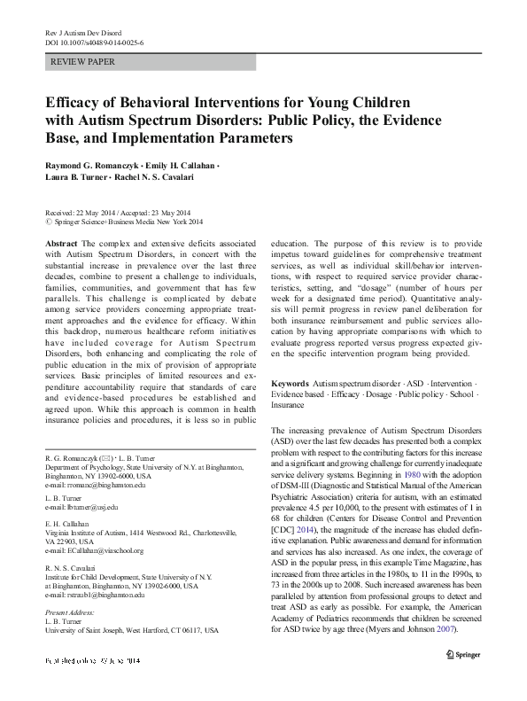 (PDF) Efficacy of Behavioral Interventions for Young Children with Autism Spectrum Disorders ...