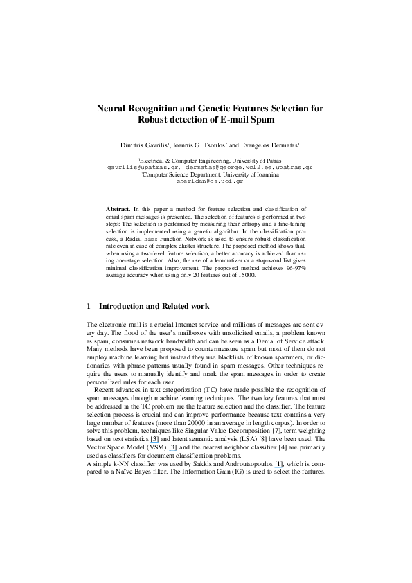 (PDF) Neural Recognition and Genetic Features Selection for Robust Detection of E-Mail Spam