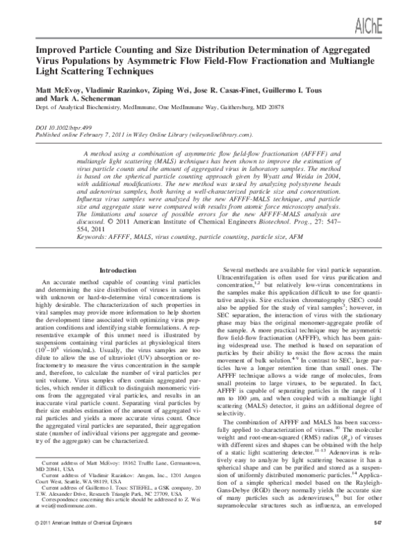 Pdf Improved Particle Counting And Size Distribution Determination Of Aggregated Virus