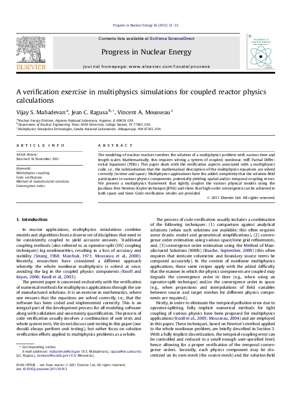 (PDF) A verification exercise in multiphysics simulations for coupled reactor physics calculations