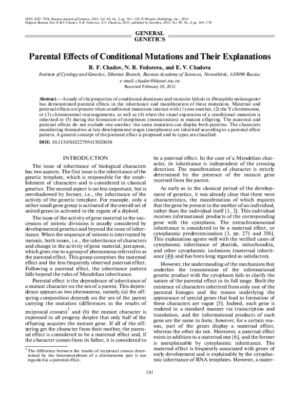(PDF) Parental effects of conditional mutations and their explanations