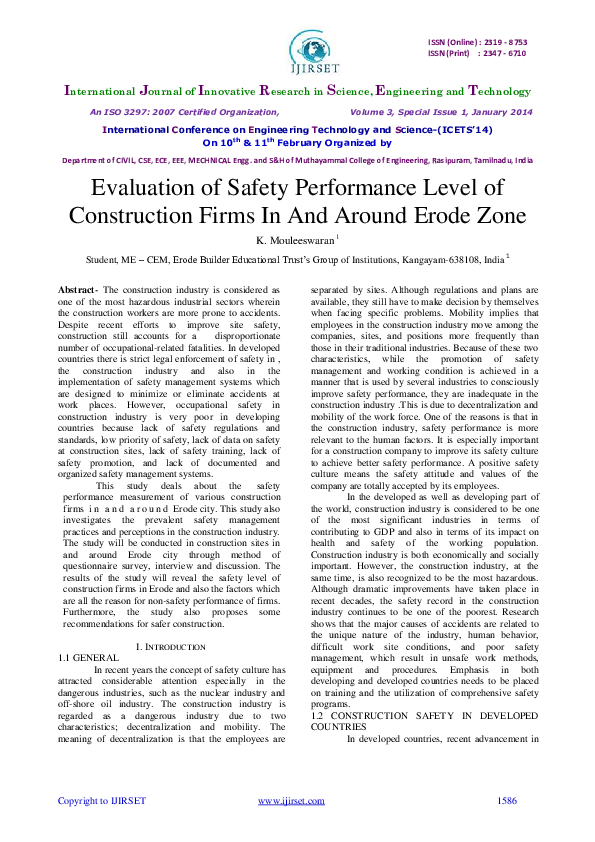 (PDF) Evaluation of Safety Performance Level of Construction Firms In ...