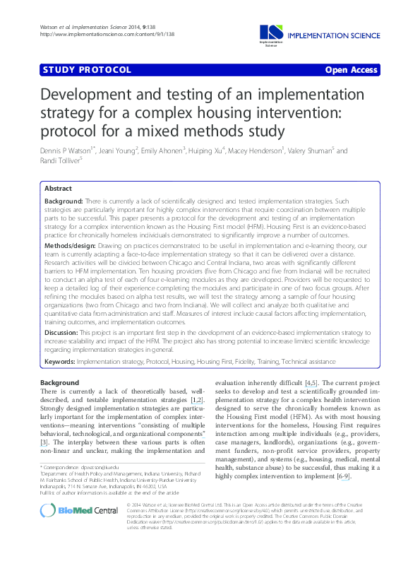 Pdf Development And Testing Of An Implementation Strategy For A Complex Housing Intervention