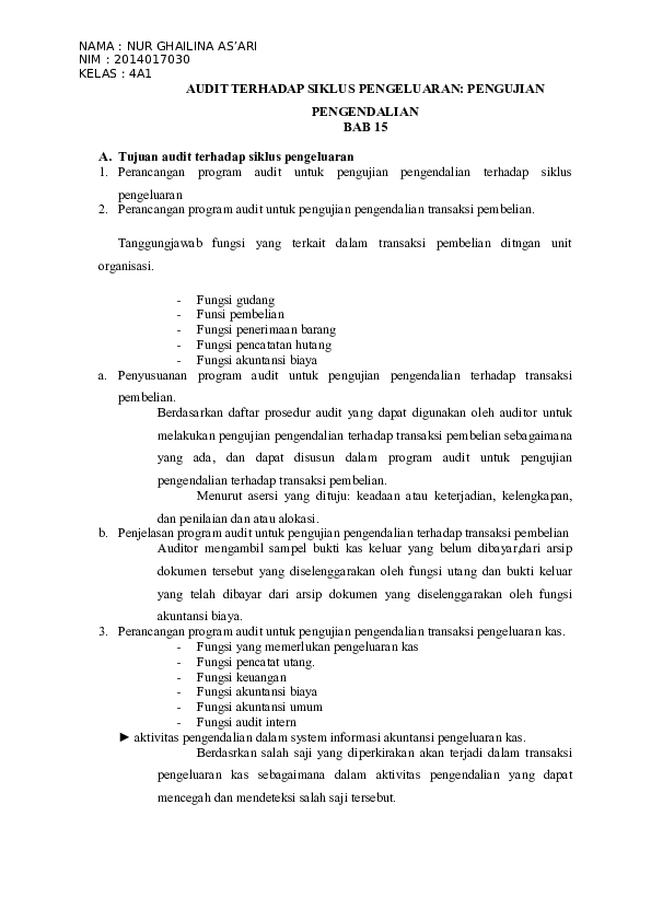 (DOC) AUDIT TERHADAP SIKLUS PENGELUARAN: PENGUJIAN PENGENDALIAN BAB 15