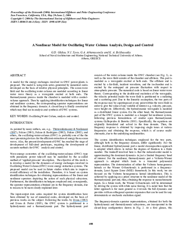 Pdf A Nonlinear Model For Oscillating Water Column Analysis Design And Control