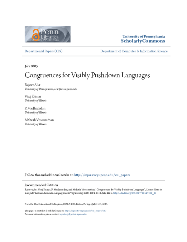 (PDF) Congruences for visibly pushdown languages