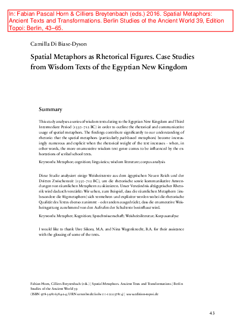 Spatial Metaphors as Rhetorical Figures. Case Studies from Wisdom Texts ...