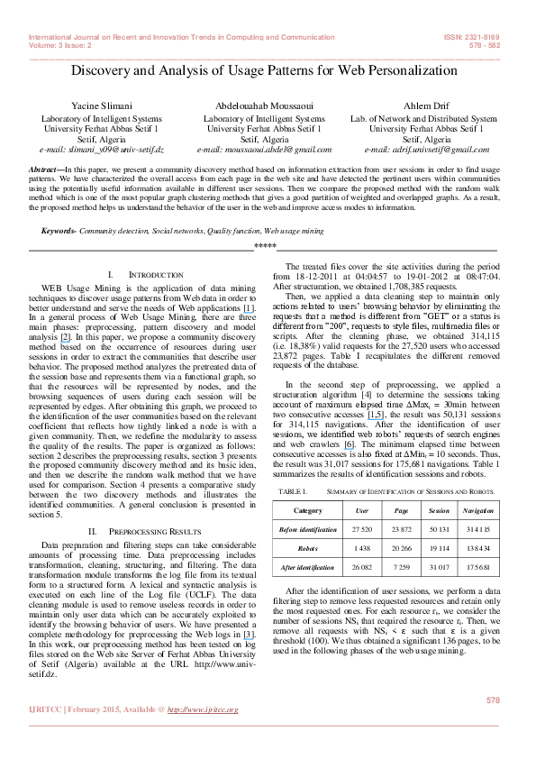 (PDF) Discovery and Analysis of Usage Patterns for Web Personalization