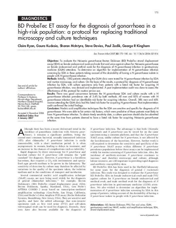 (PDF) BD ProbeTec ET assay for the diagnosis of gonorrhoea in a high ...