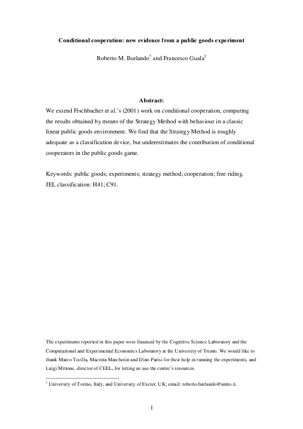 (PDF) Conditional cooperation: new evidence from a public goods experiment