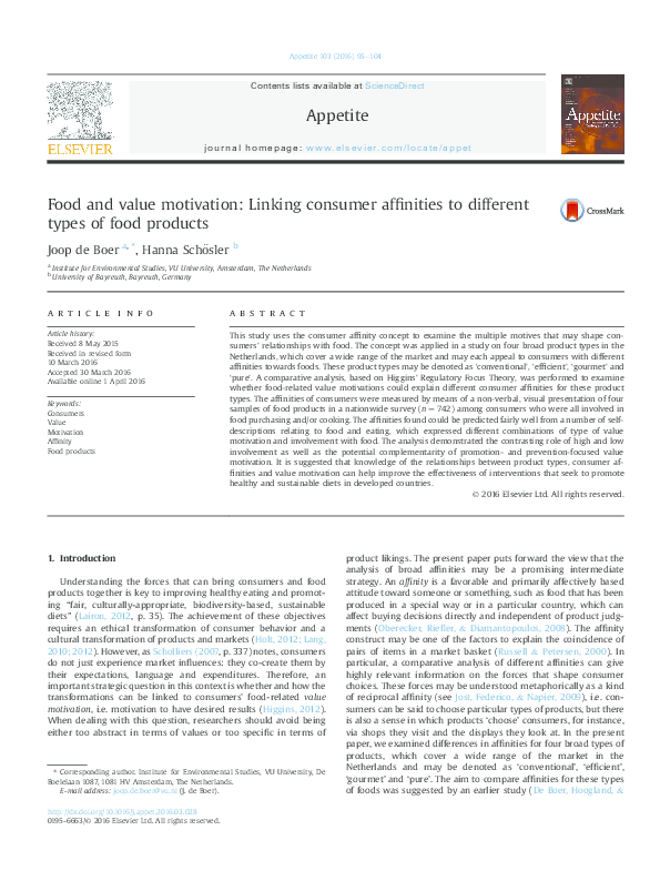 (PDF) Food and value motivation: Linking consumer affinities to ...