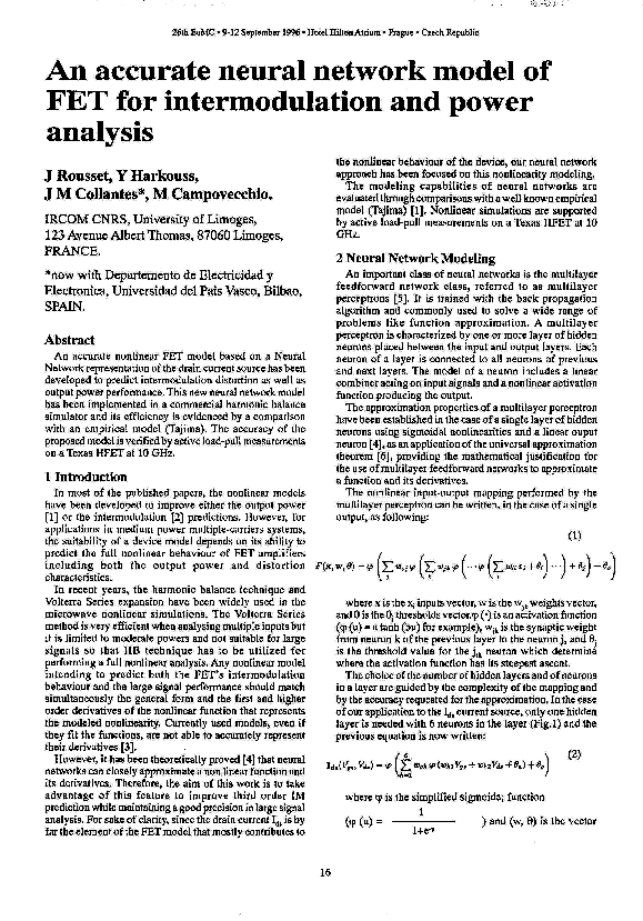 Pdf An Accurate Neural Network Model Of Fet For Intermodulation And Power Analysis