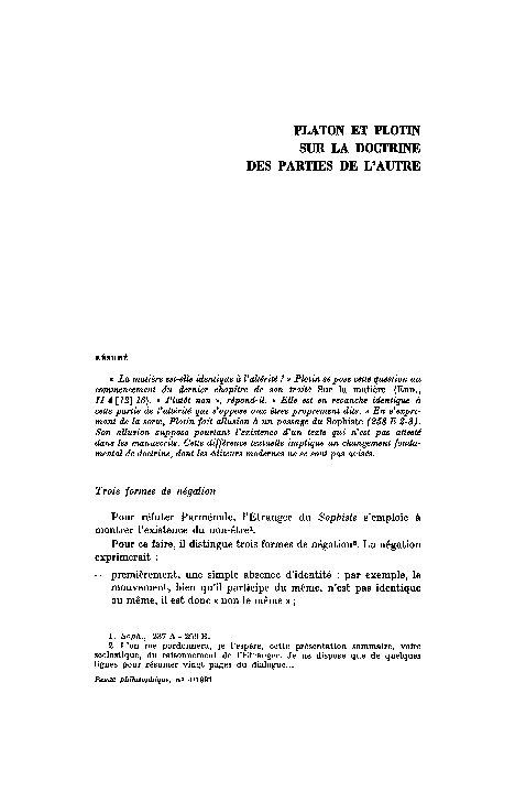 (PDF) Platon et Plotin sur la doctrine des parties de l'autre - (1991)