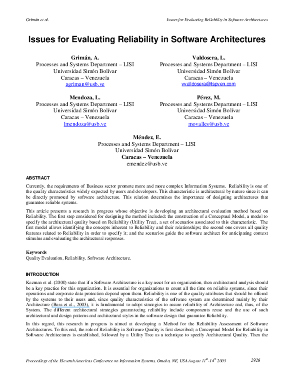 (PDF) Issues for evaluating reliability in software architectures