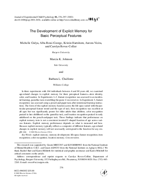 (PDF) The Development of Explicit Memory for Basic Perceptual Features