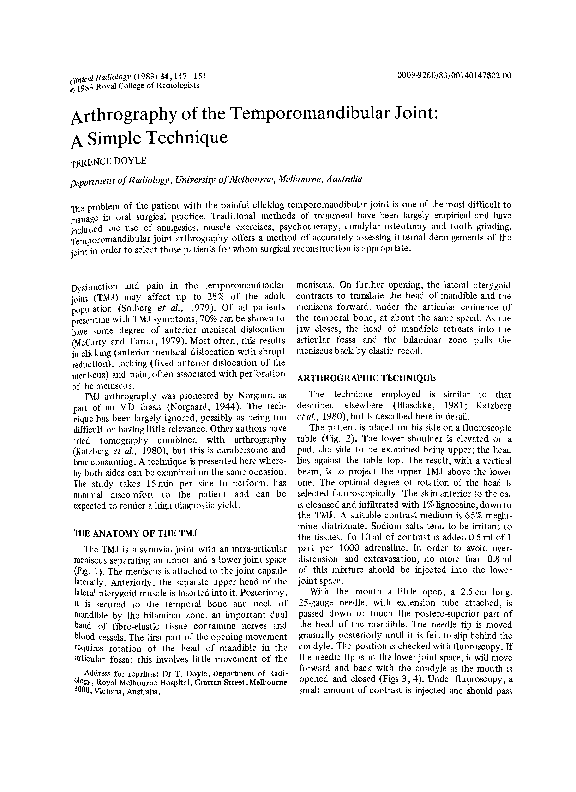 (PDF) Arthrography of the temporomandibular joint: A simple technique