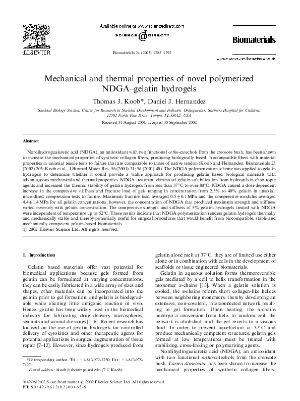 (PDF) Mechanical and thermal properties of novel polymerized NDGA–gelatin hydrogels