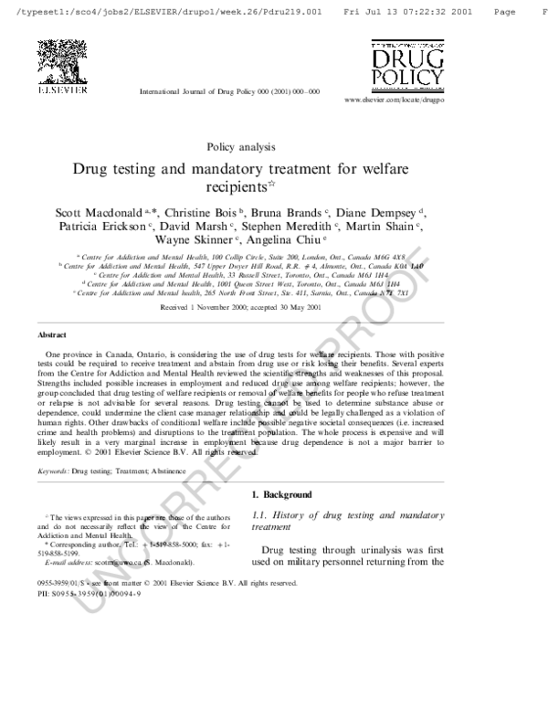 (PDF) Drug testing and mandatory treatment for welfare recipients