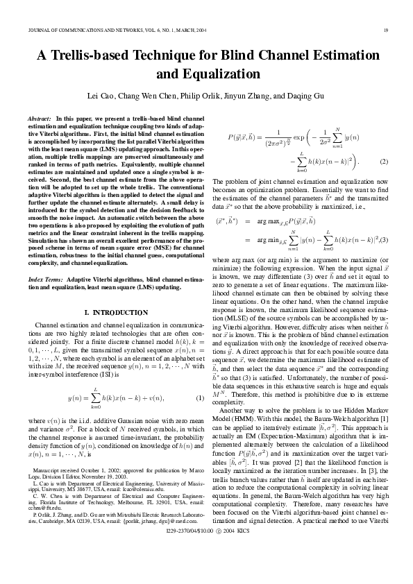 (PDF) A trellis-based technique for blind channel estimation and equalization