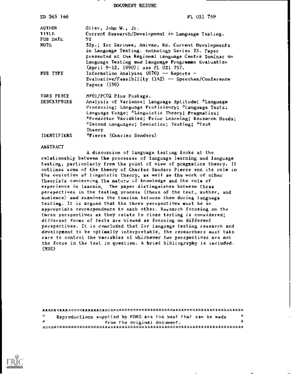 (PDF) Current Research/Development in Language Testing