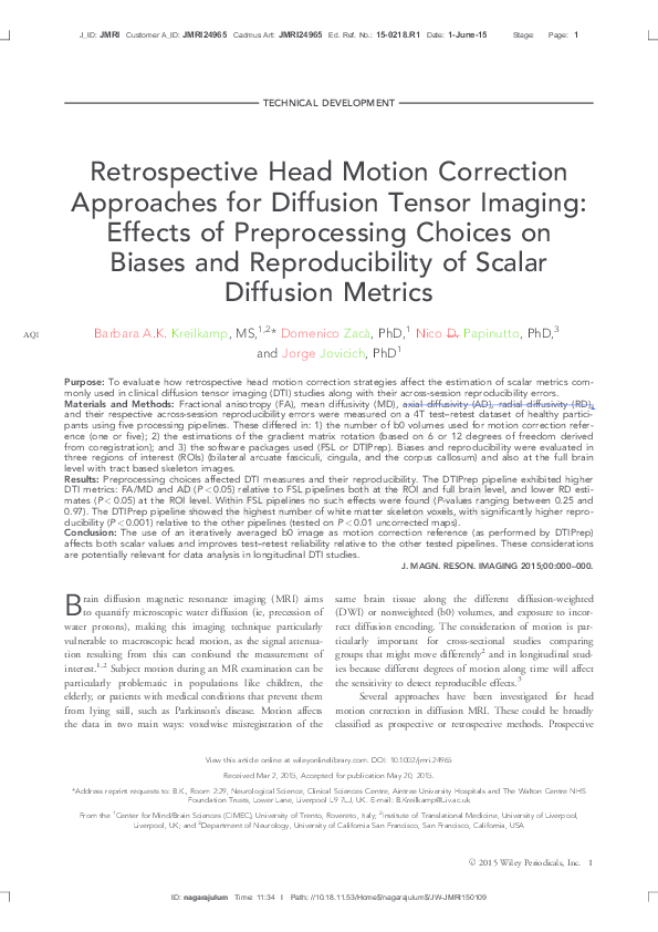 (PDF) Retrospective head motion correction approaches for diffusion tensor imaging: Effects of ...