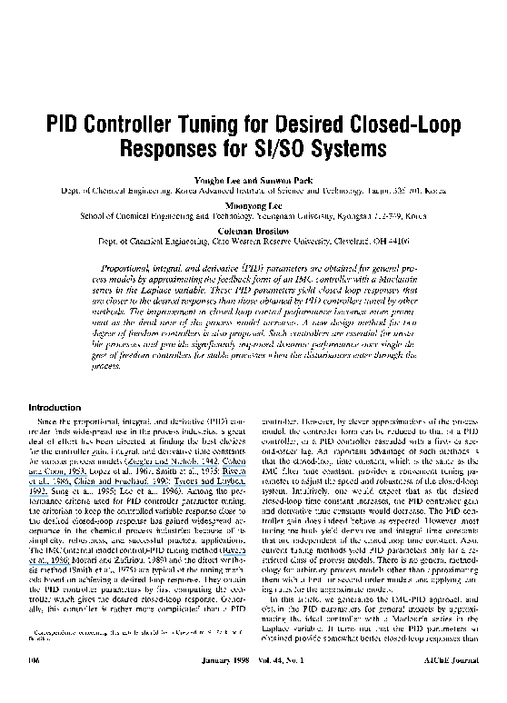 (PDF) PID controller tuning for desired closed-loop responses for SI/SO systems