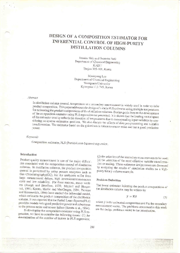 Pdf Design Of A Composition Estimator For Inferential Control Of Distillation Columns∗