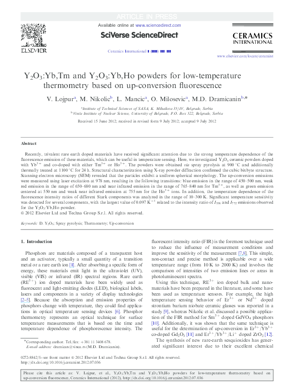 (PDF) Y 2 O 3 : Yb, Tm and Y 2 O 3 : Yb, Ho powders for low-temperature ...