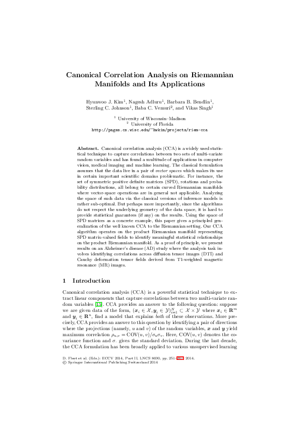 (PDF) Canonical Correlation Analysis on Riemannian Manifolds and Its Applications