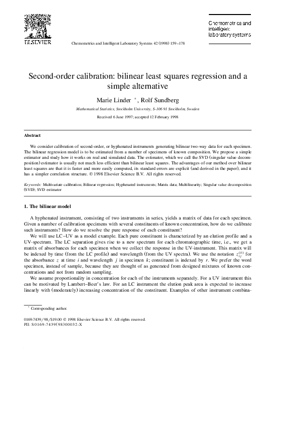 Pdf Second Order Calibration Bilinear Least Squares Regression And A Simple Alternative