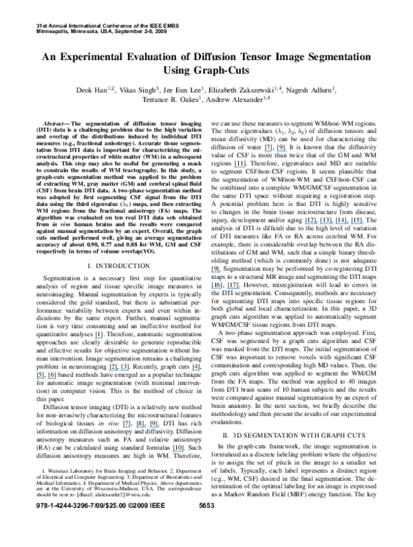 Pdf An Experimental Evaluation Of Diffusion Tensor Image Segmentation Using Graph Cuts